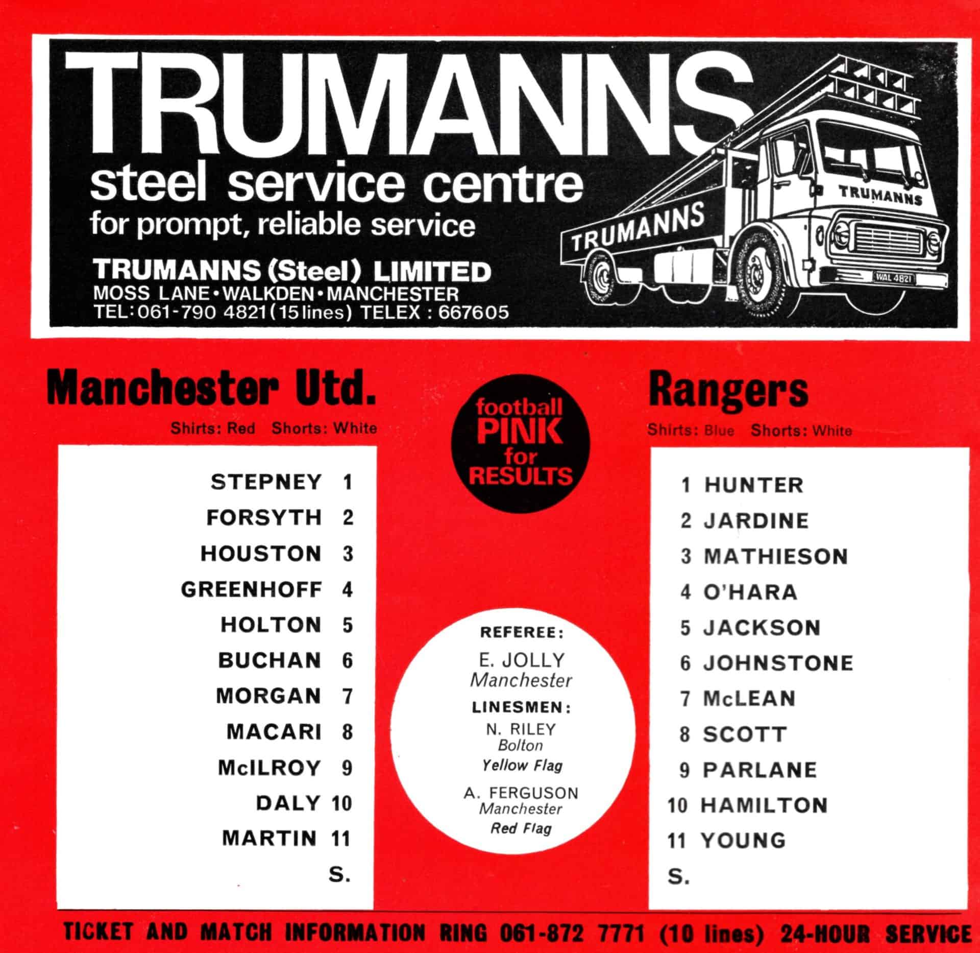 9th March 1974 Manchester United v Rangers Friendly Friendly 1973-1974 ...